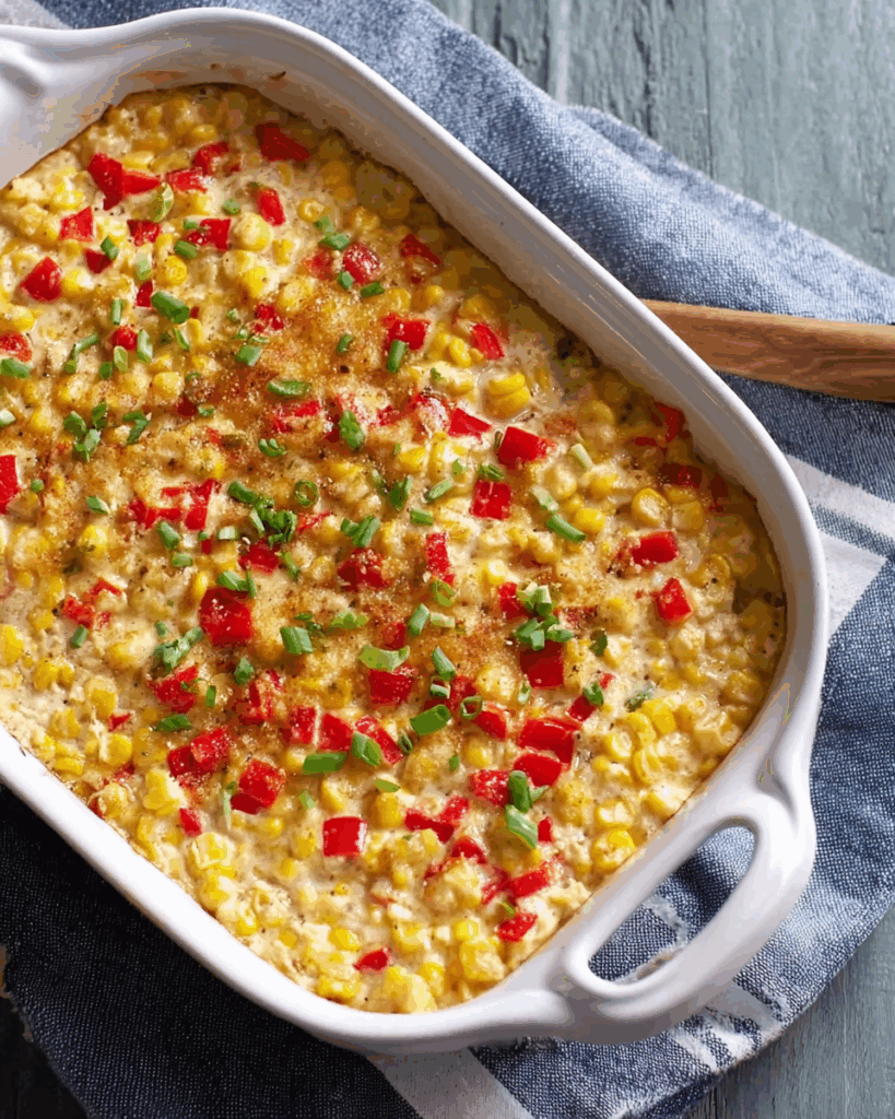 Baked Creamed Corn with Red Bell Peppers and Jalapenos