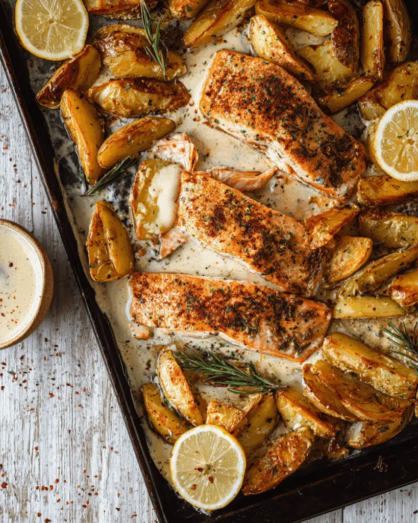 Baked Creamy Salmon with Potatoes Sheet Pan Meal